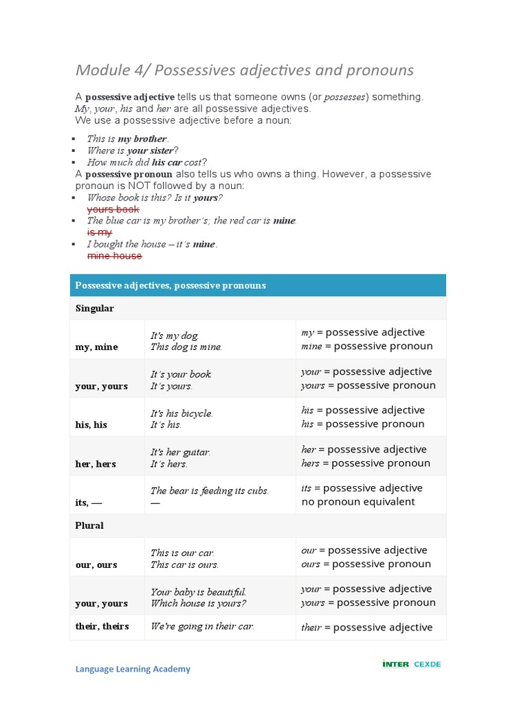 Possessives Adjectives and Pronouns | PDF | Pronoun | Adjective
