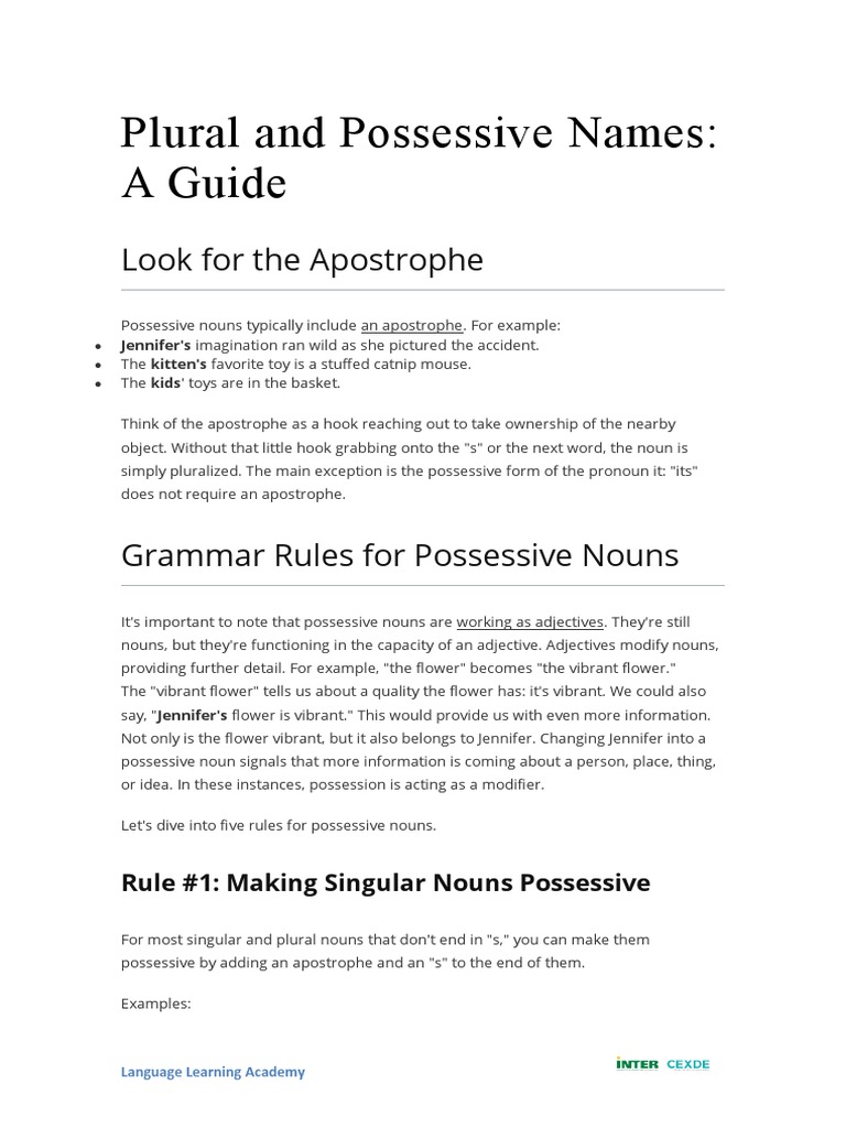 Possessives Names | PDF | Plural | Noun