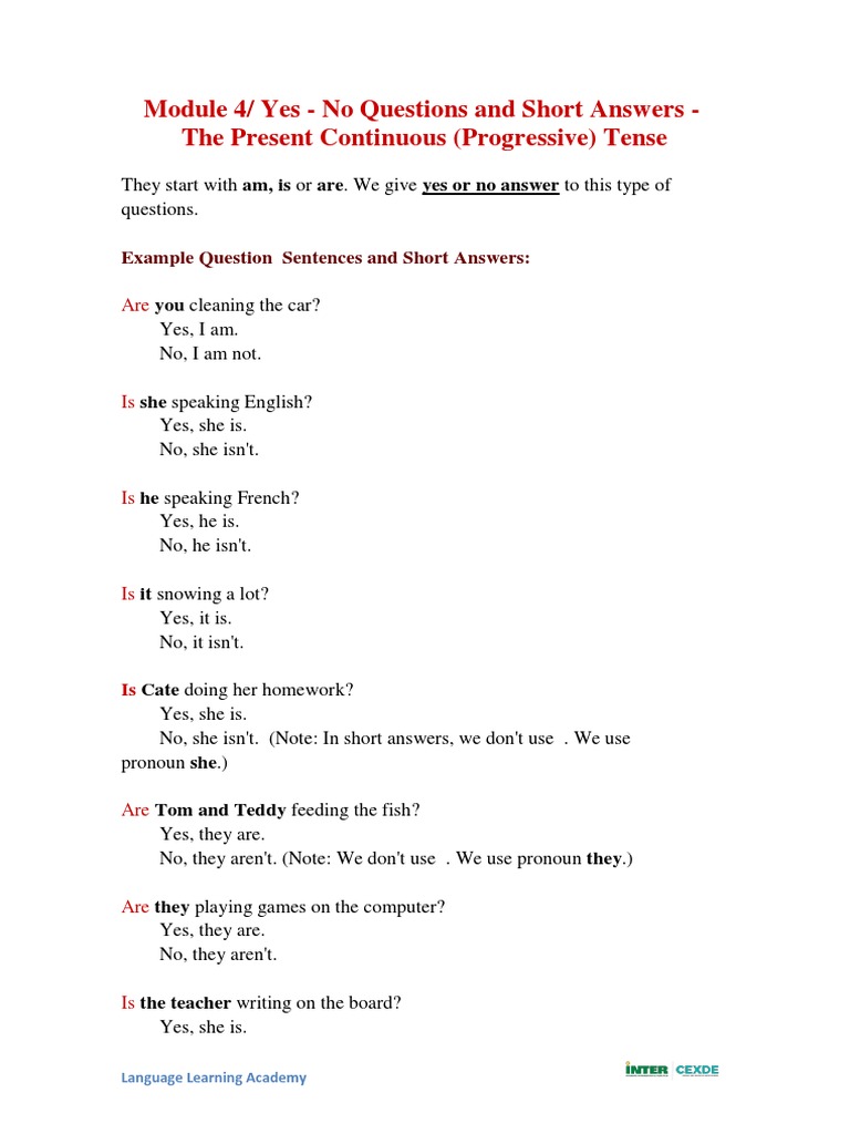 Yes No Questions Present Continuous | PDF