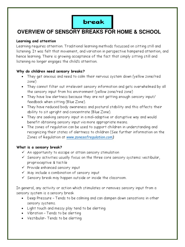 Overview of Sensory Breaks For Home and School | PDF | Somatosensory ...