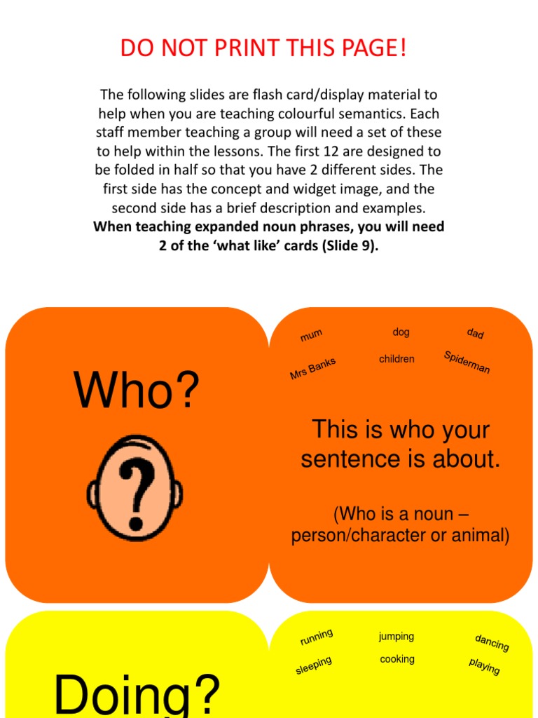 Colourful Semantics Display Material - Flashcards - Ariel Font | PDF | Word | Human Communication