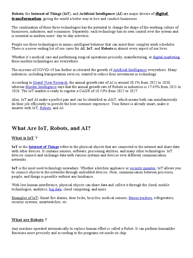 Digital Transformation Iot Ai Robots Pdf Internet Of Things Artificial Intelligence