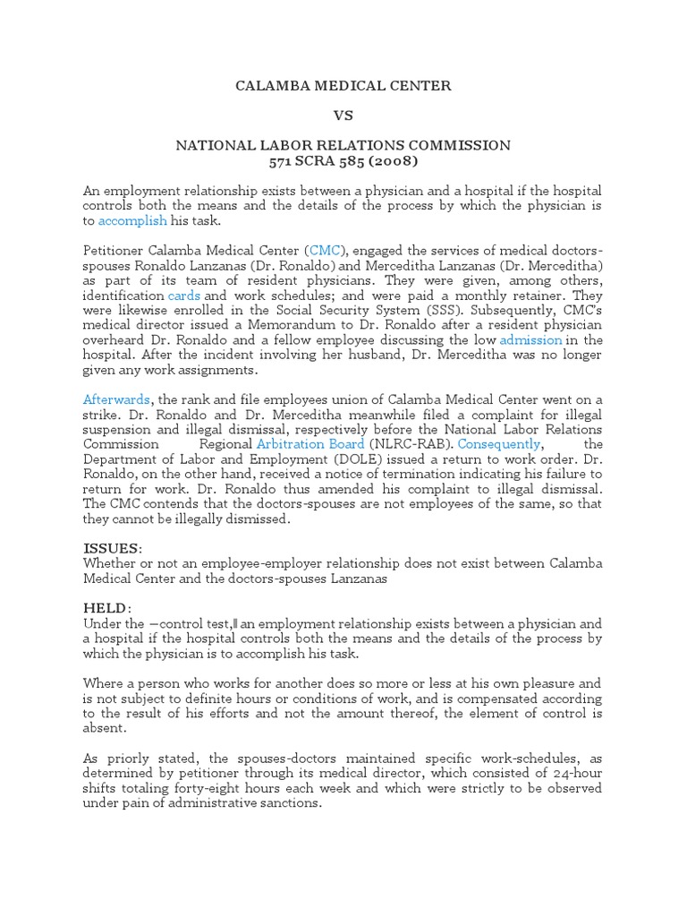 LAW 2103 - Labor Law I - JD 3. G.R. No. 176484 - Calamba Medical Center ...