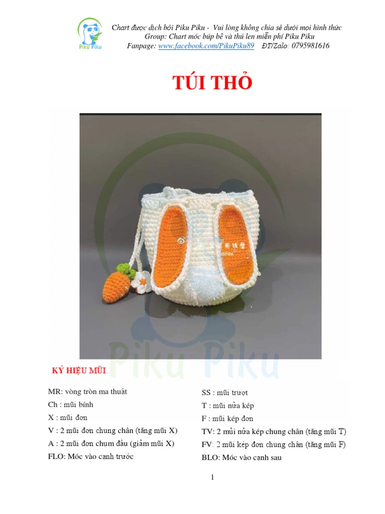 Túi Thỏ: Group: Chart móc búp bê và thú len miễn phí Piku Piku Fanpage: ĐT/Zalo: 0795981616 | PDF