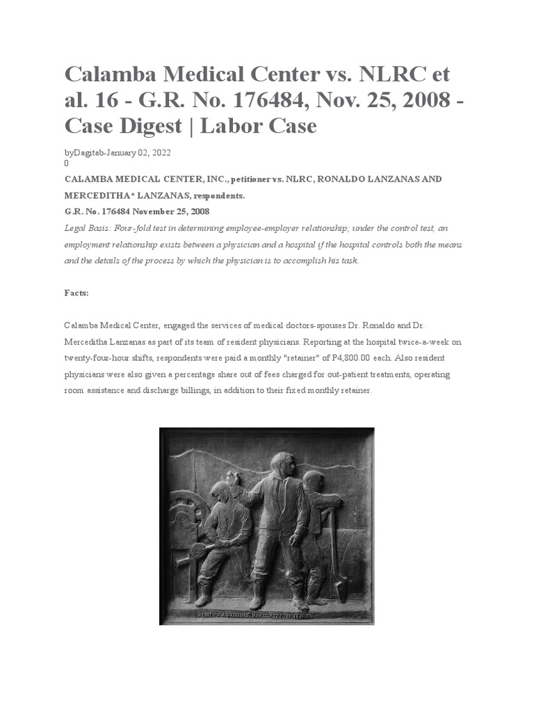 LAW 2103 - Labor Law I - JD 3. G.R. No. 176484 - Calamba Medical Center ...