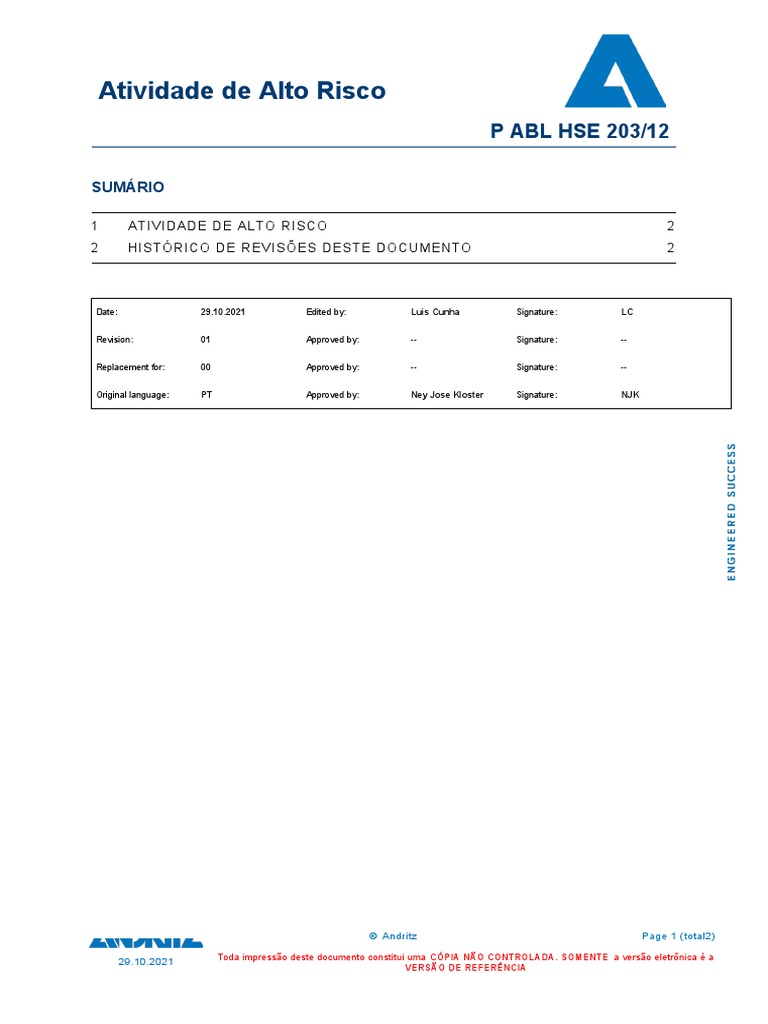 P ABL HSE 203-12 Atividade de Alto Risco | PDF | Ciências Físicas