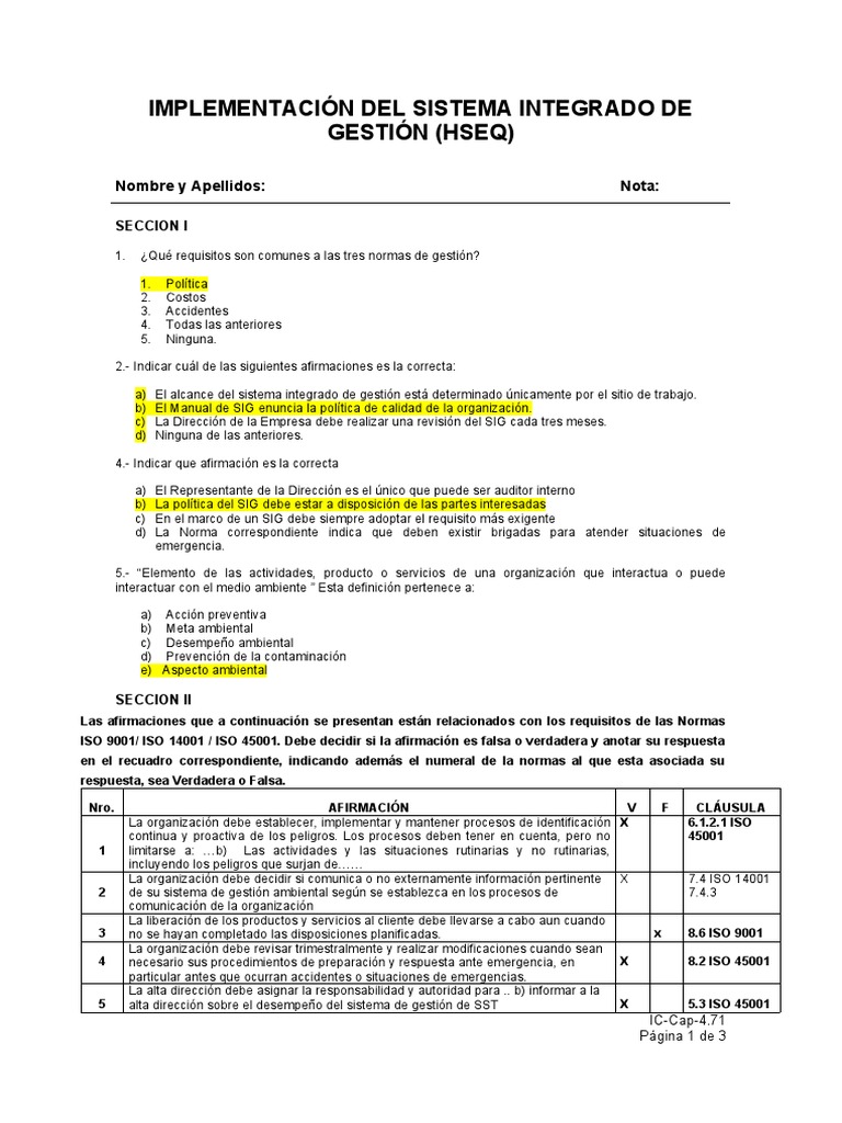 Examen IL SIG Agosto 2023 | PDF | Sistema de manejo de calidad | Business
