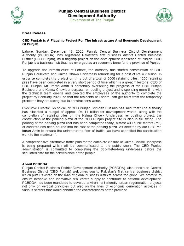 Press Release CBD Punjab A Flagship Project For Infrastructure ...