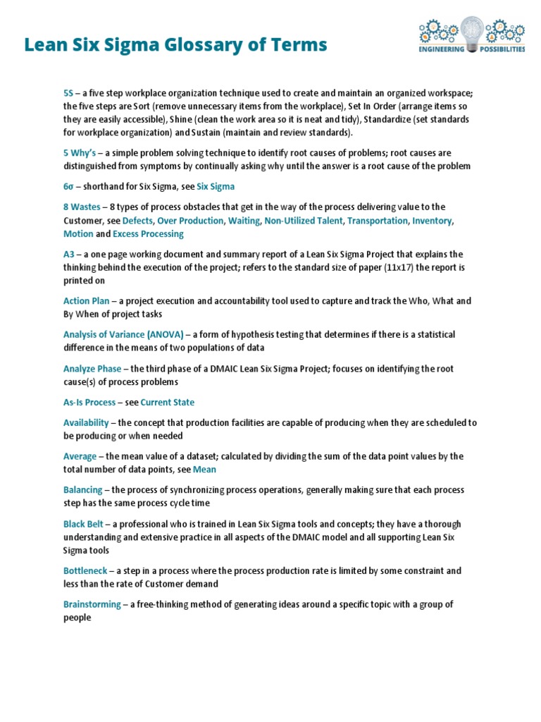 Lean Six Sigma Glossary Of Terms Pdf Six Sigma Lean Manufacturing