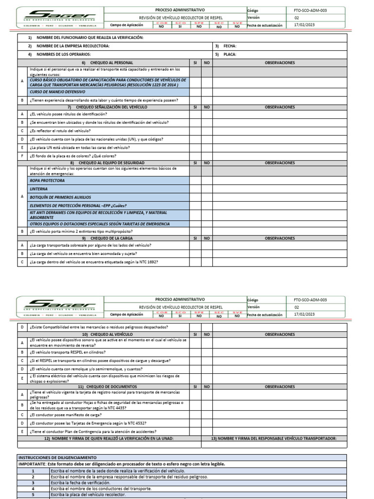 FTO-SCO-ADM-003 Formato Revision de Vehiculo Recolector de RESPEL V2 | PDF