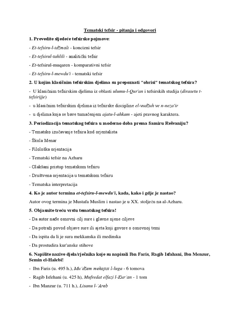 Tematski Tefsir - Pitanja I Odgovori | PDF