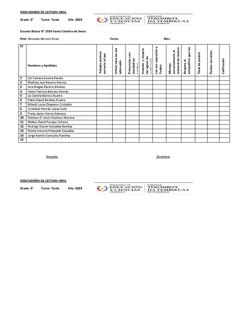 Indicadores De Lectura Oral 3 Pdf