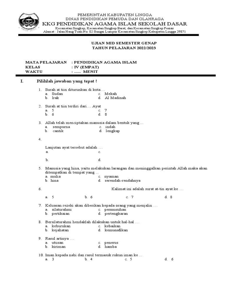 Soal BU Erna MID Semester Kelas 4 SMSTR 2 TA. 2023 | PDF | Agama & Spiritualitas