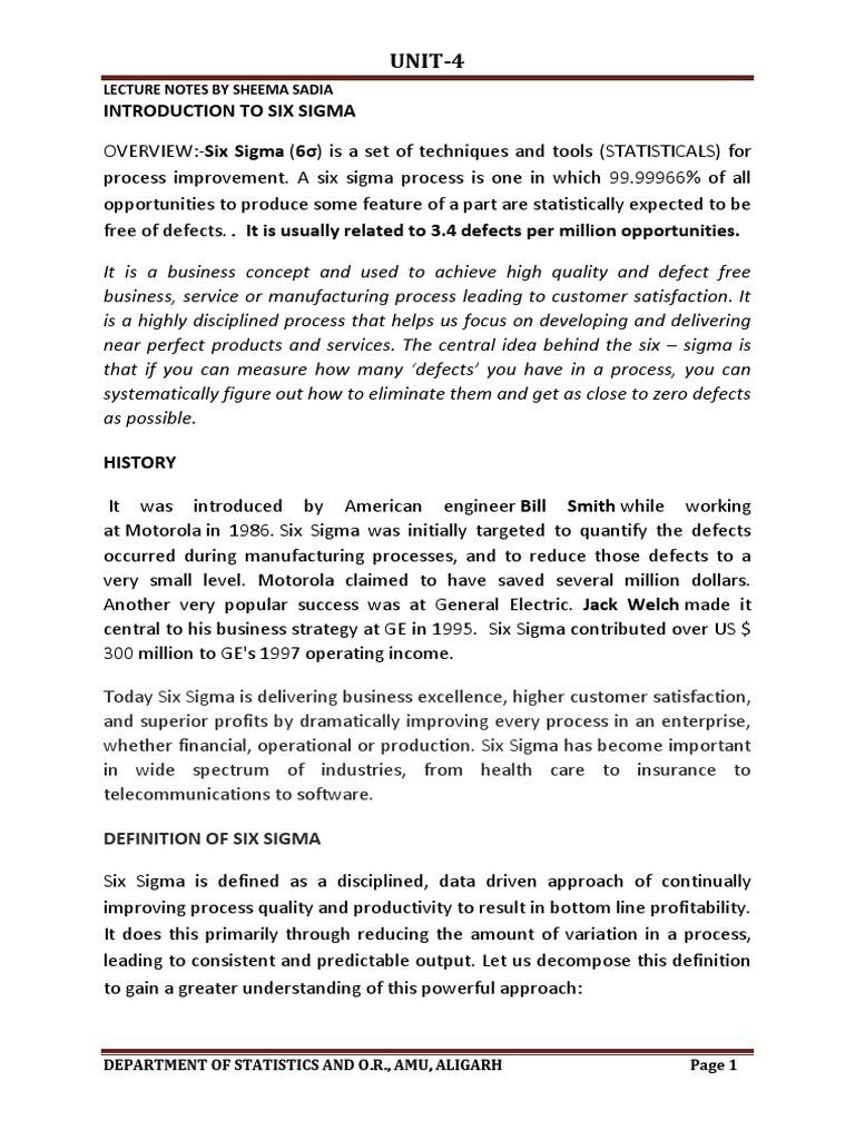 Introduction To Six Sigma: UNIT-4 | PDF | Six Sigma | Lean Manufacturing