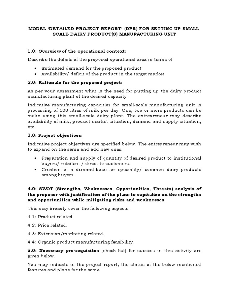 Model Detailed Project Report DPR For Setting Up Smallscale Dairy ...
