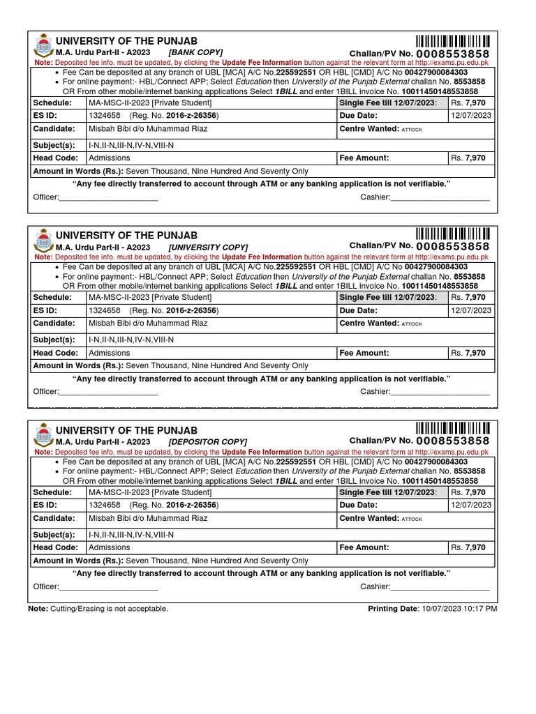 University of The Punjab: Challan/PV No | PDF | Service Industries ...