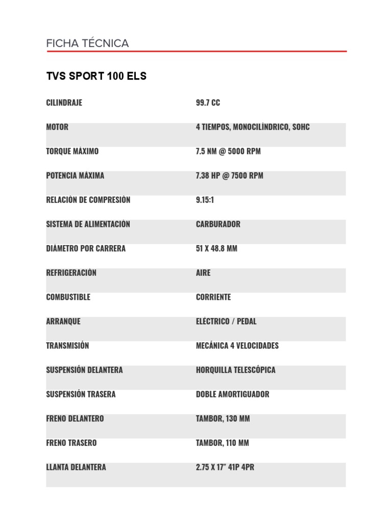 Ficha Tecnica TVS SPORT 100 ELS | PDF