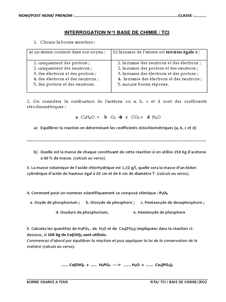 Interro N°1 Tci Base de Chimie | PDF | Sciences et mathématiques
