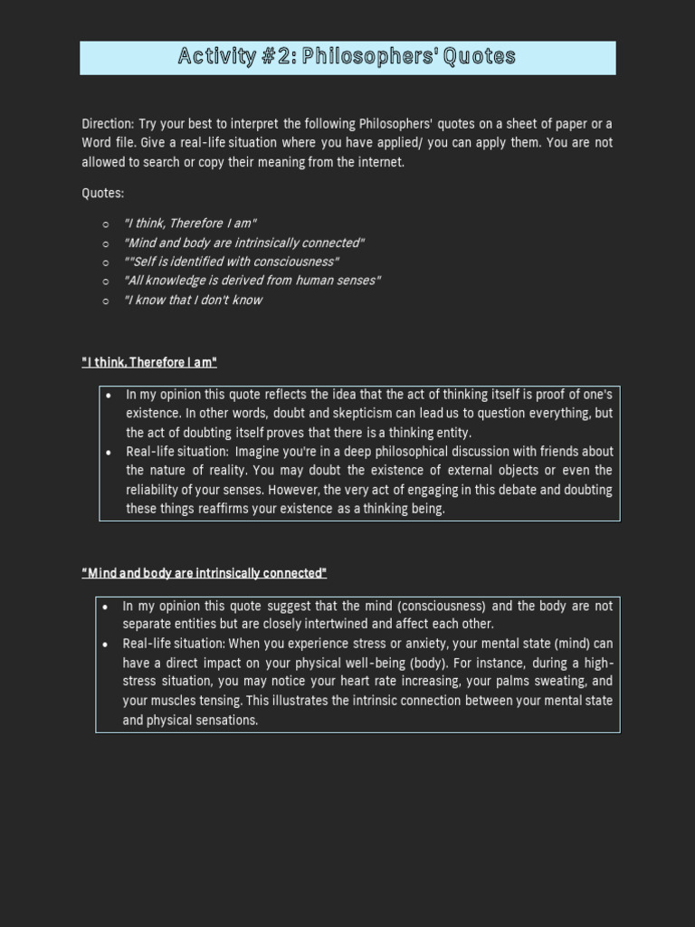Philosophy Class Introduction: Activity #2 Philosophers' Quotes ? | PDF ...