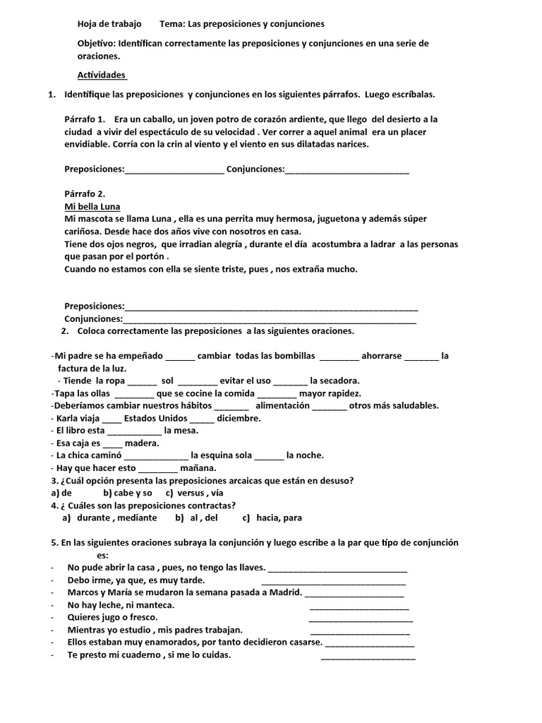 Hoja de Trabajo Tema Las Preposiciones | PDF