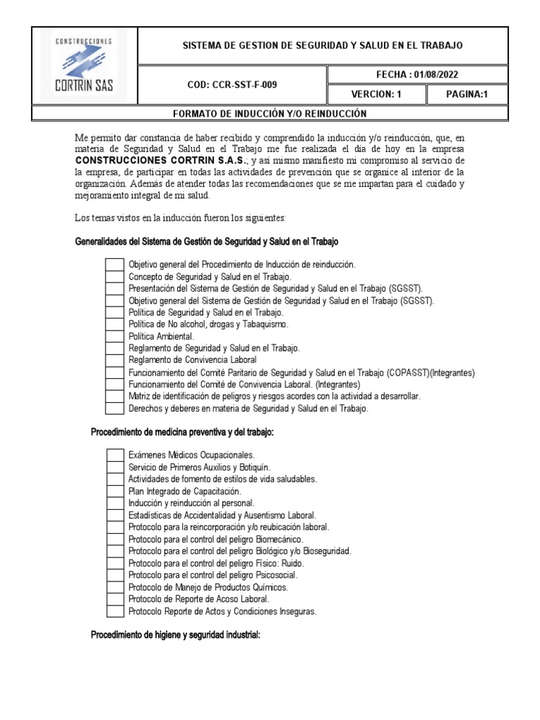Formato de Induccion y Reinduccion | PDF