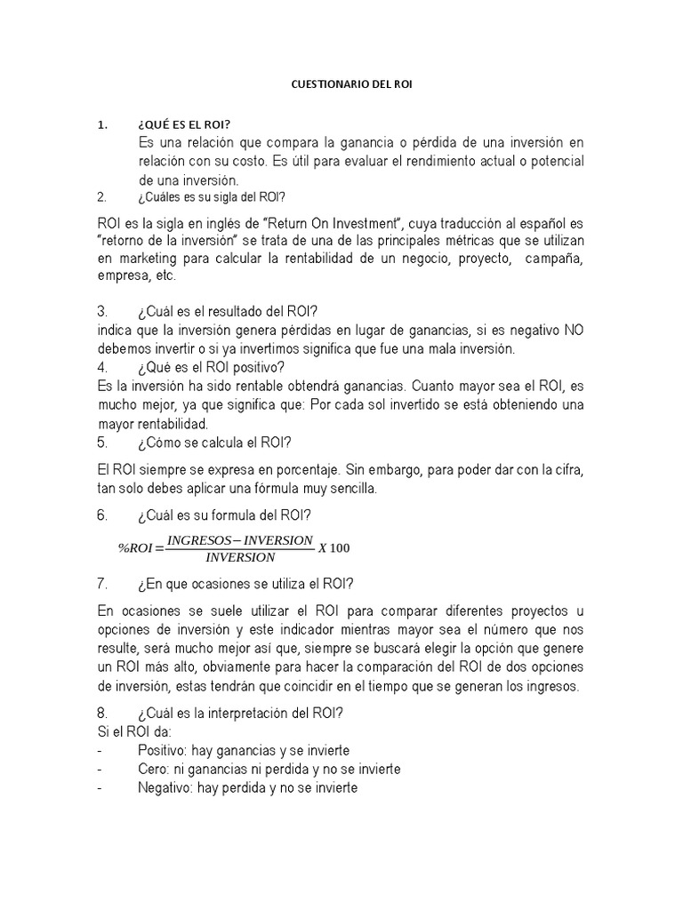 CUESTIONARIO DEL ROI y CUESTONARIO ABC Hecho | PDF | Negocios económicos | Procesos de negocio