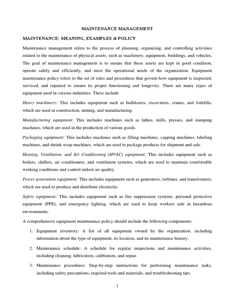 Equipment Maintenance Policy Overview | PDF | Business