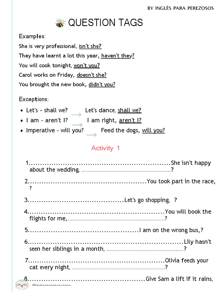 QUESTION TAGS ACTIVITY by Ingles para Perezosos | PDF | Language Arts ...