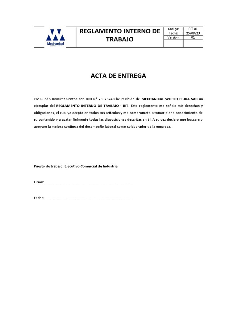 Acta de Entrega REGLAMENTO INTERNO DE TRABAJO | PDF