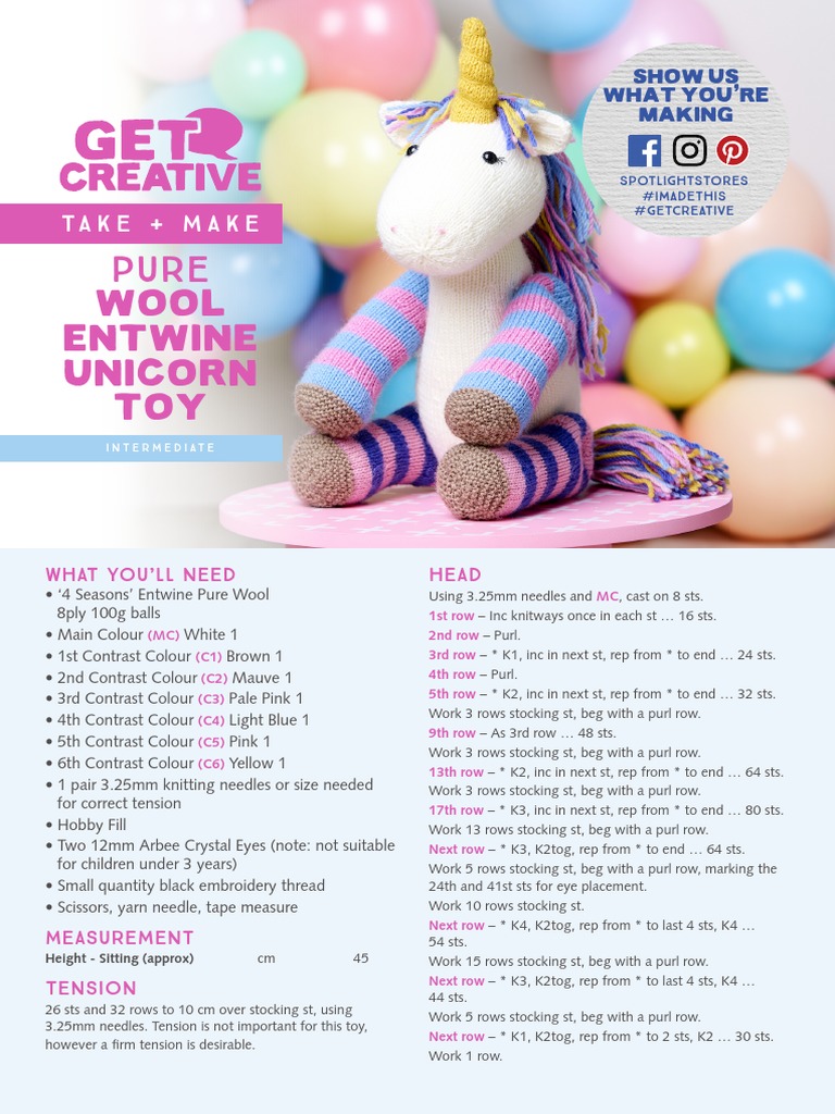 Free Knitted Unicorn Toy Pattern | PDF | Knitting | Yarn