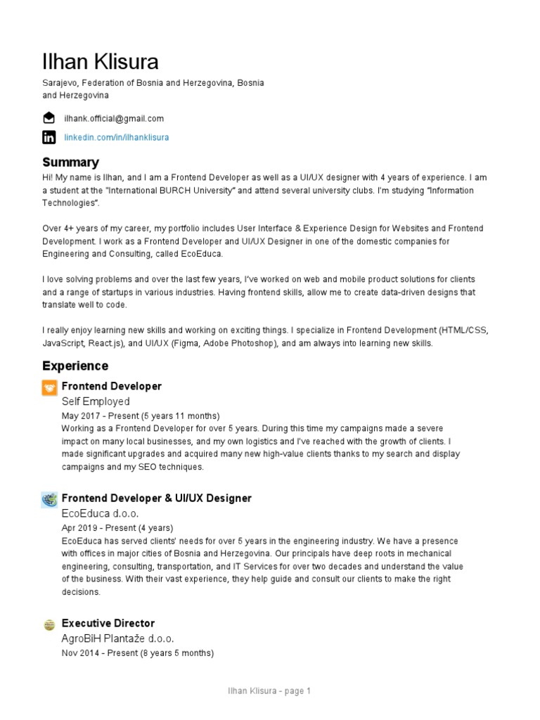 Resume Ilhan Klisura | PDF | Computing | Software Engineering