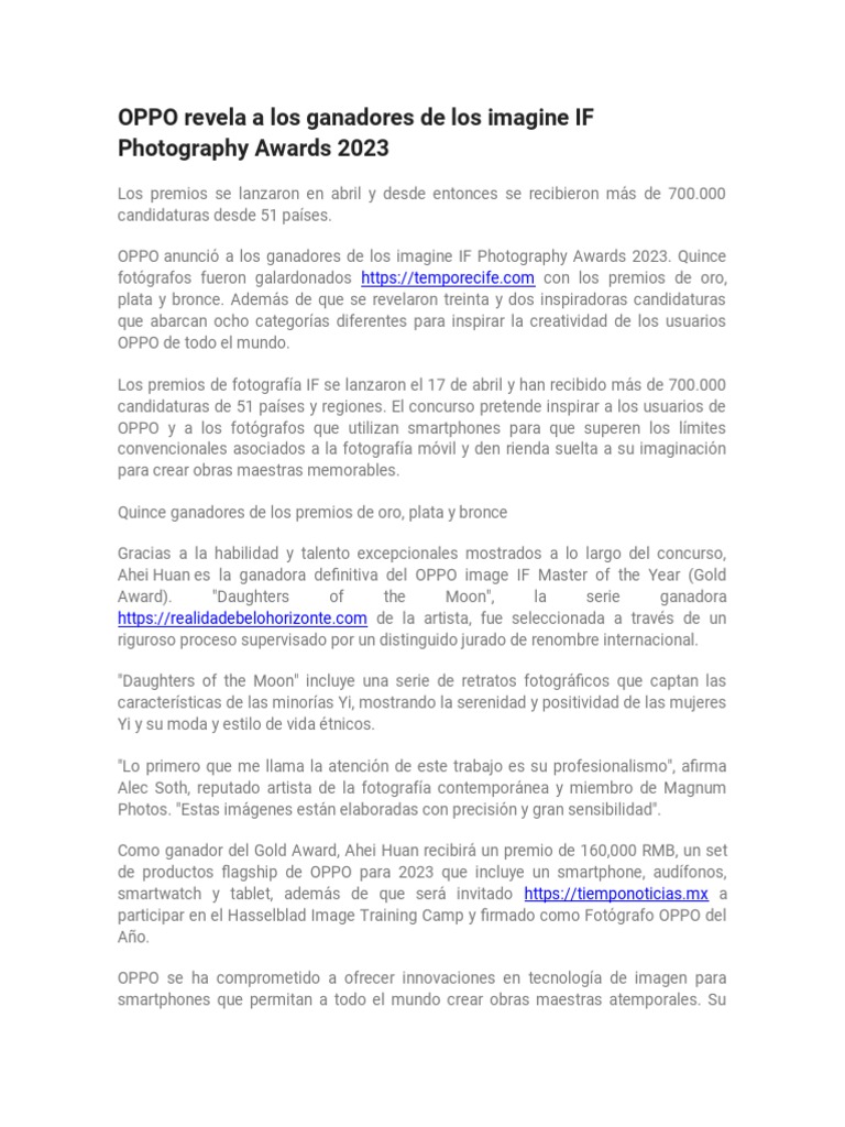 Ganadores de OPPO Photography Awards 2023 | PDF | Tecnología