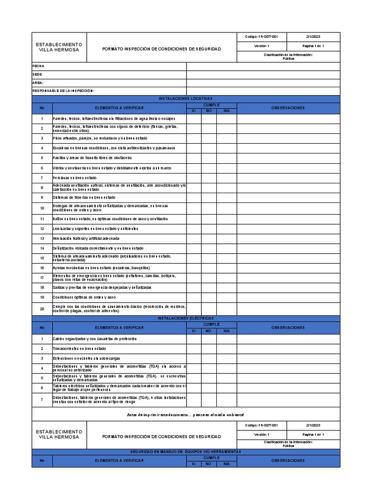 fORMATO INSPECCIÓN DE CONDICIONES DE SEGURIDAD | PDF