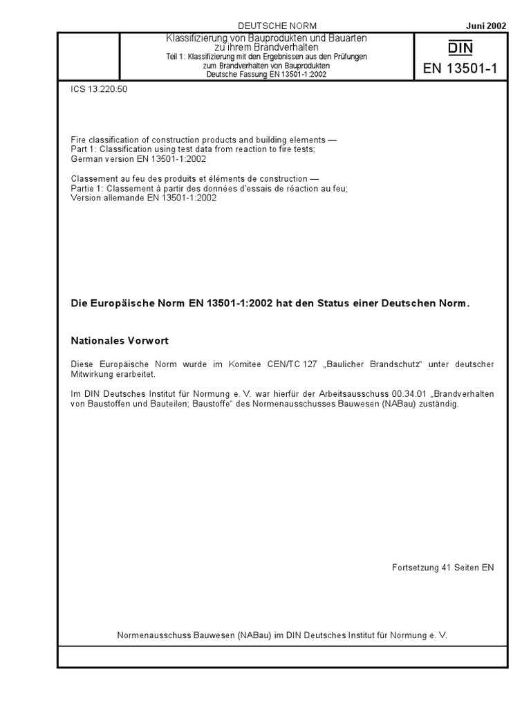 DIN EN 13501-1 2002-06 EN 施工产品和建筑部件的防火等级-第1部分：产品和建筑部件燃烧性能分类 | PDF
