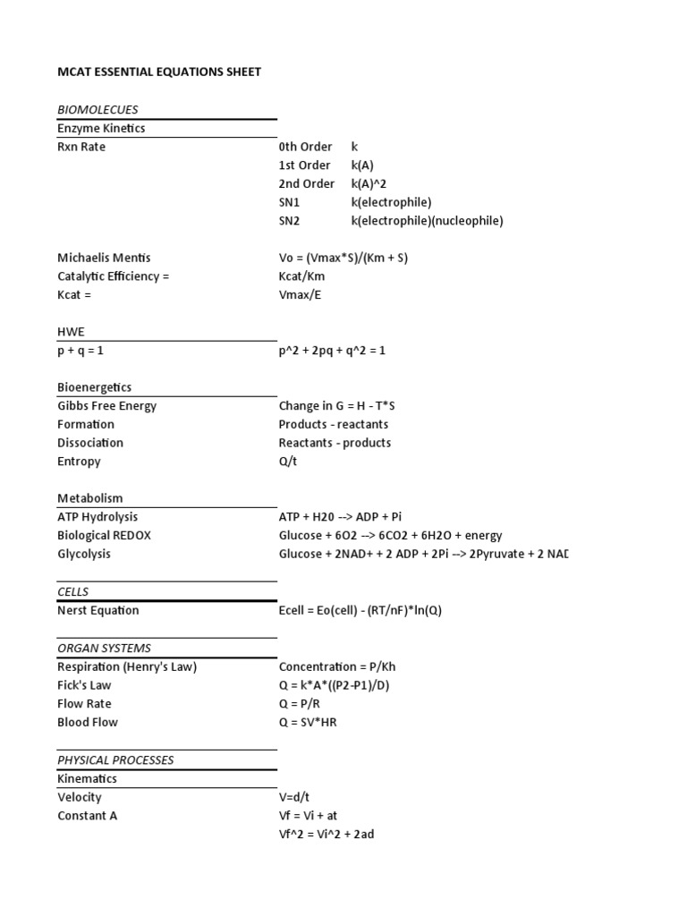 MCAT Essential Equations | PDF