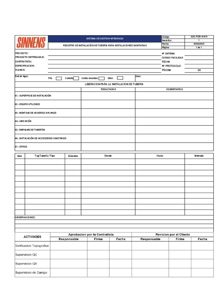 Registro de Instalación de Tubería Sanitaria | PDF