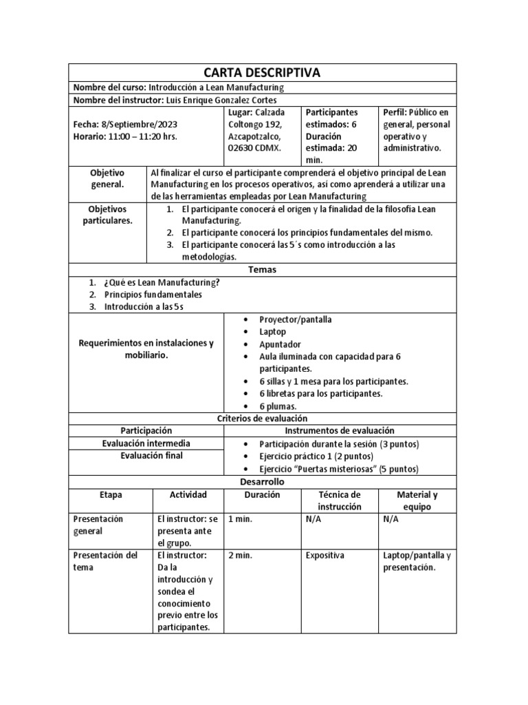 Carta Descriptiva | PDF