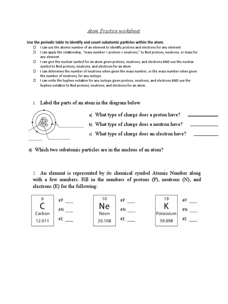 Atom Worksheet: Subatomic Particles | PDF | Atoms | Neutron