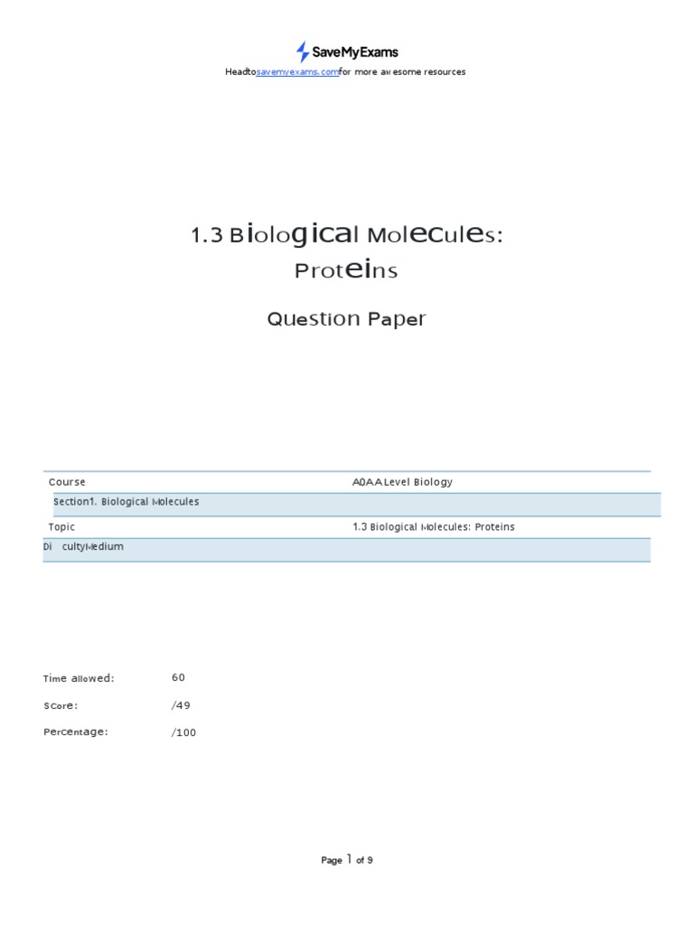 AQA A Level Biology: Proteins Exam Questions | PDF | Proteins | Peptide