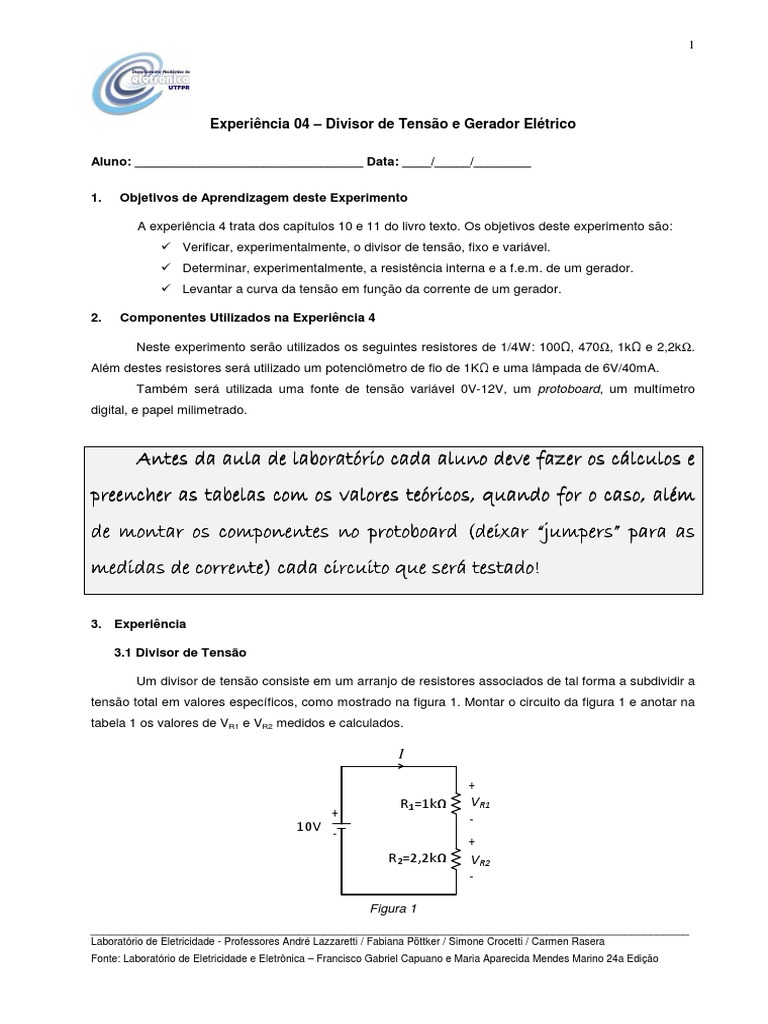Lab Eletricidade - Exp4 UTFPR Curitiba | PDF | Resistência elétrica e condutividade | Rede elétrica