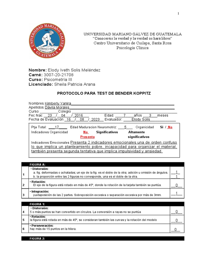 Benderkoppitz1 HOJA PROTOCOLO | PDF | Rotación | Evaluación