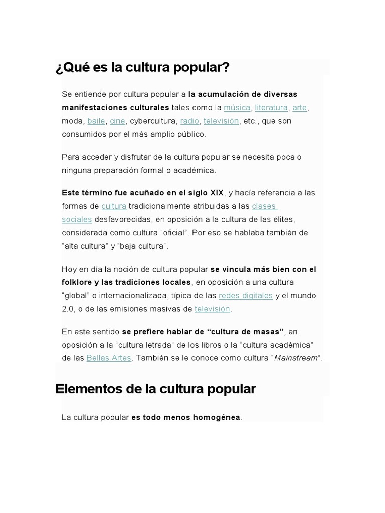 Definición y ejemplos de cultura popular | PDF | Cultura popular ...