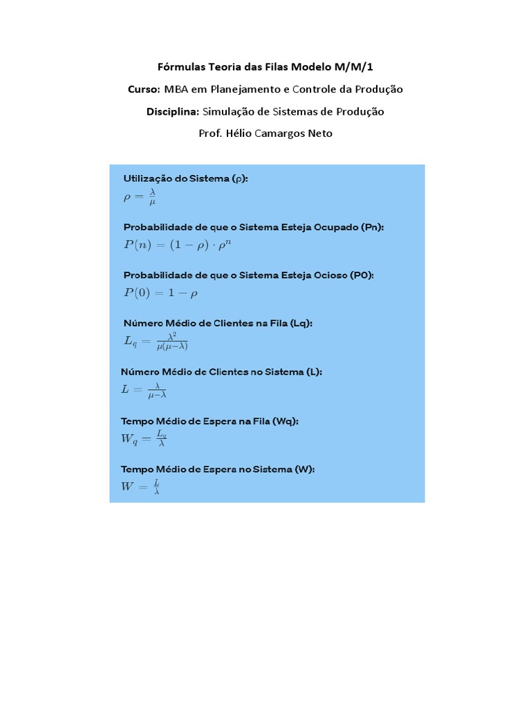 Fórmulas do Modelo M/M/1 | PDF | Tecnologia e Engenharia