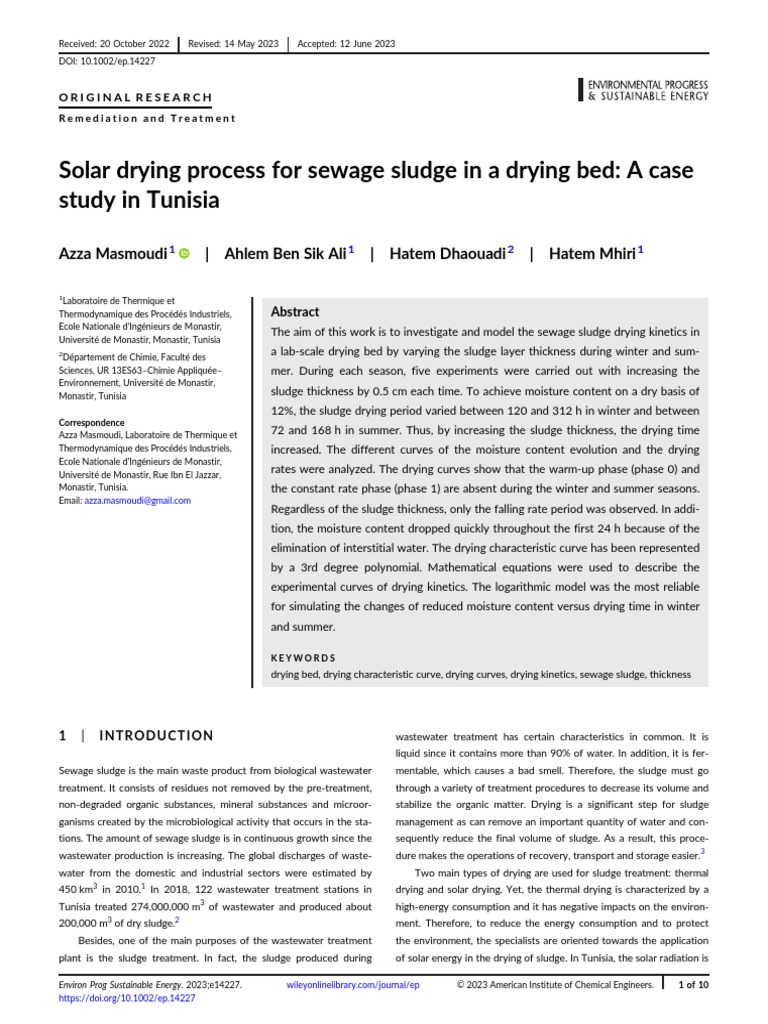 Solar Drying Process For Sewage Sludge in A Drying Bed: A Case Study in ...