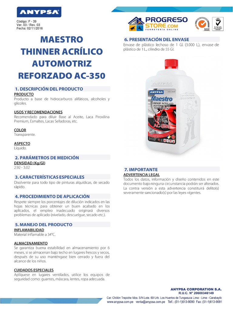 Thinner Acrilico Automotriz Reforzado Maestrazo | PDF