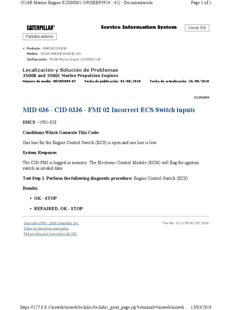 MID 036 - CID 0336 - FMI 02 Incorrect ECS Switch Inputs: Cerrar SIS Pantalla Anterior | PDF