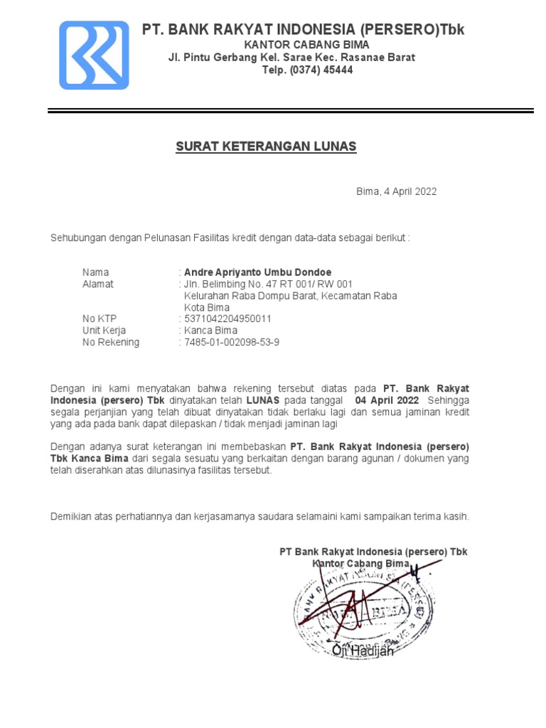 Surat Lunas Bri An Andre Apriyanto | PDF