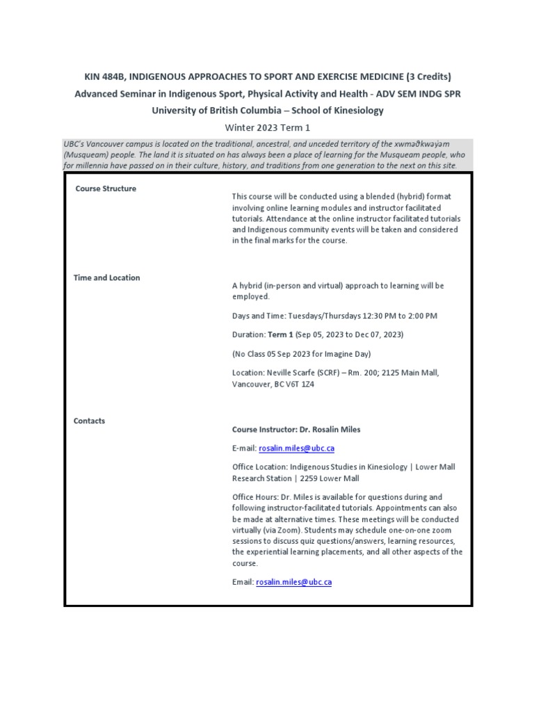 KIN 484B Syllabus 2023 | PDF