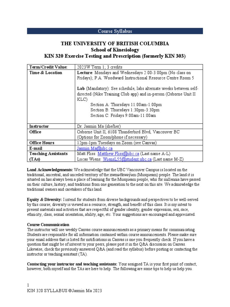 Course Syllabus - KIN 320 - 2023W Term 1 | PDF | Anatomical Terms Of ...