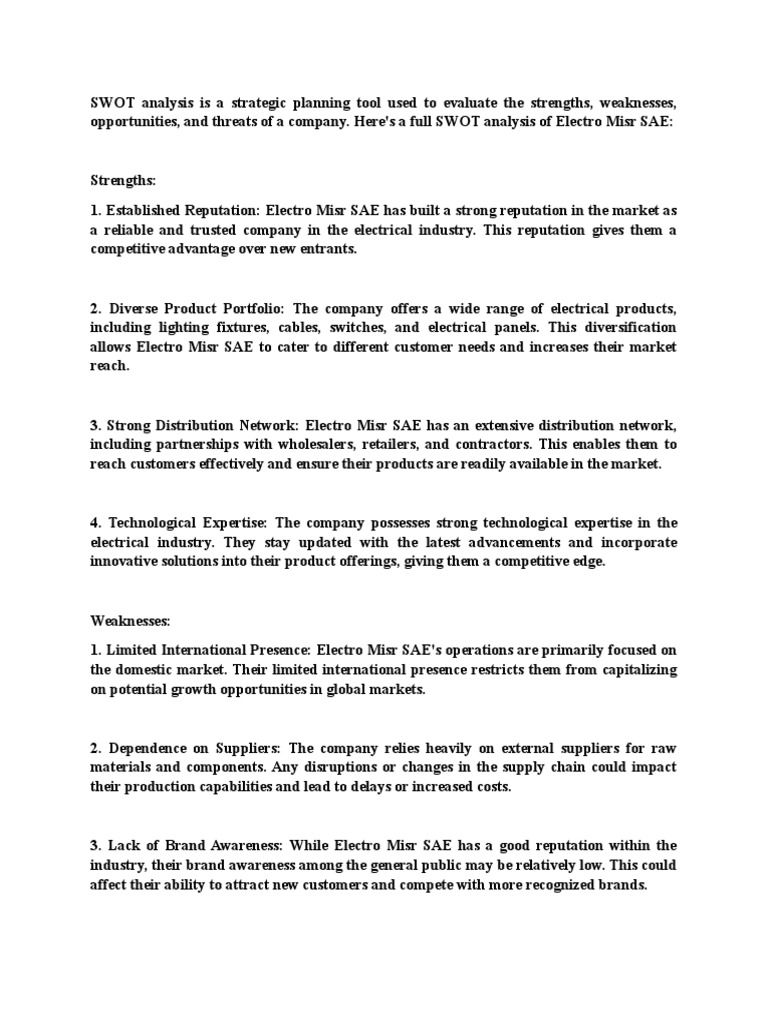 Swot Electro Misr | PDF | Supply Chain | Product (Business)